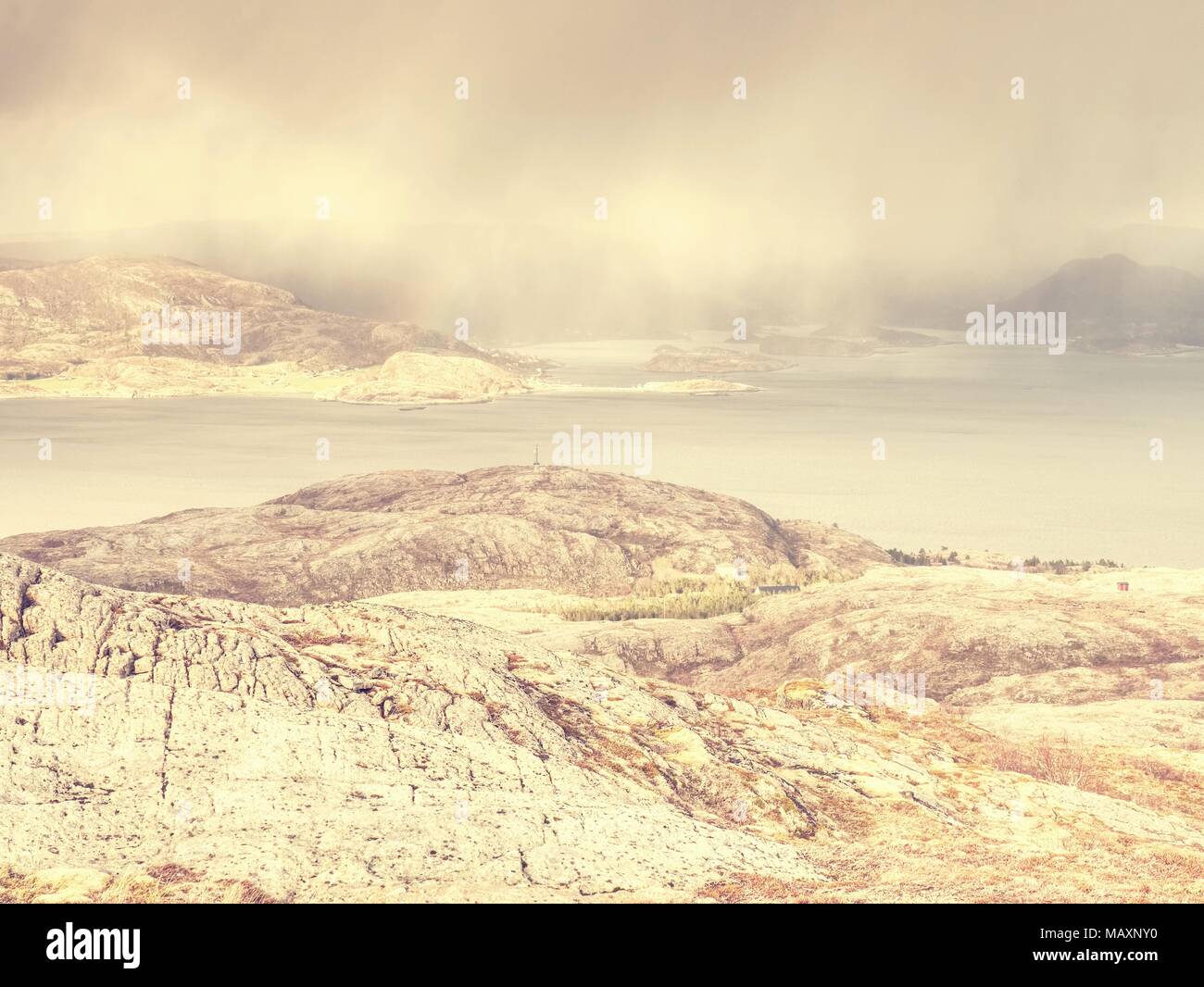 Norway Scandinavia landscape. Aerial view to bay with fishing village ...