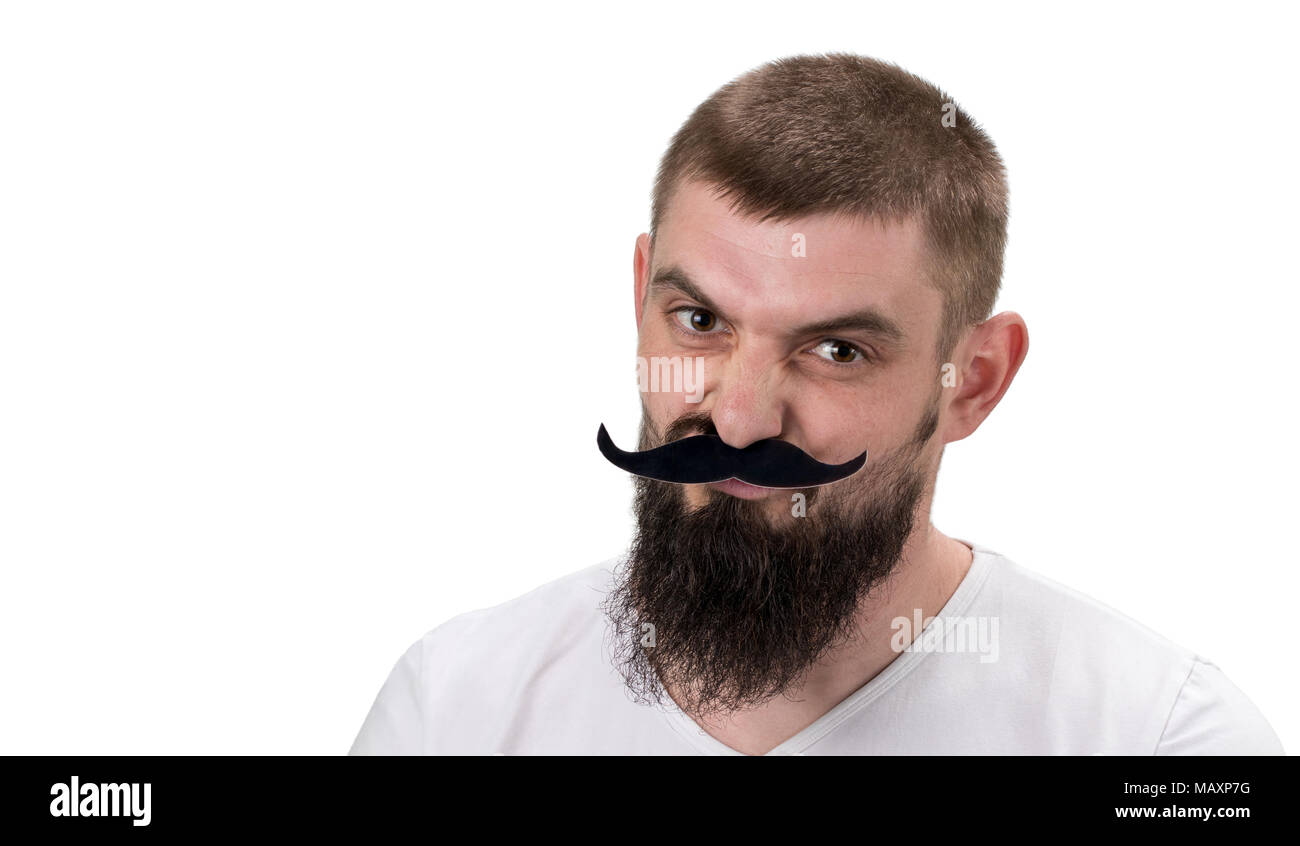 portrait of confident beautiful cunning men with false black mustache ...