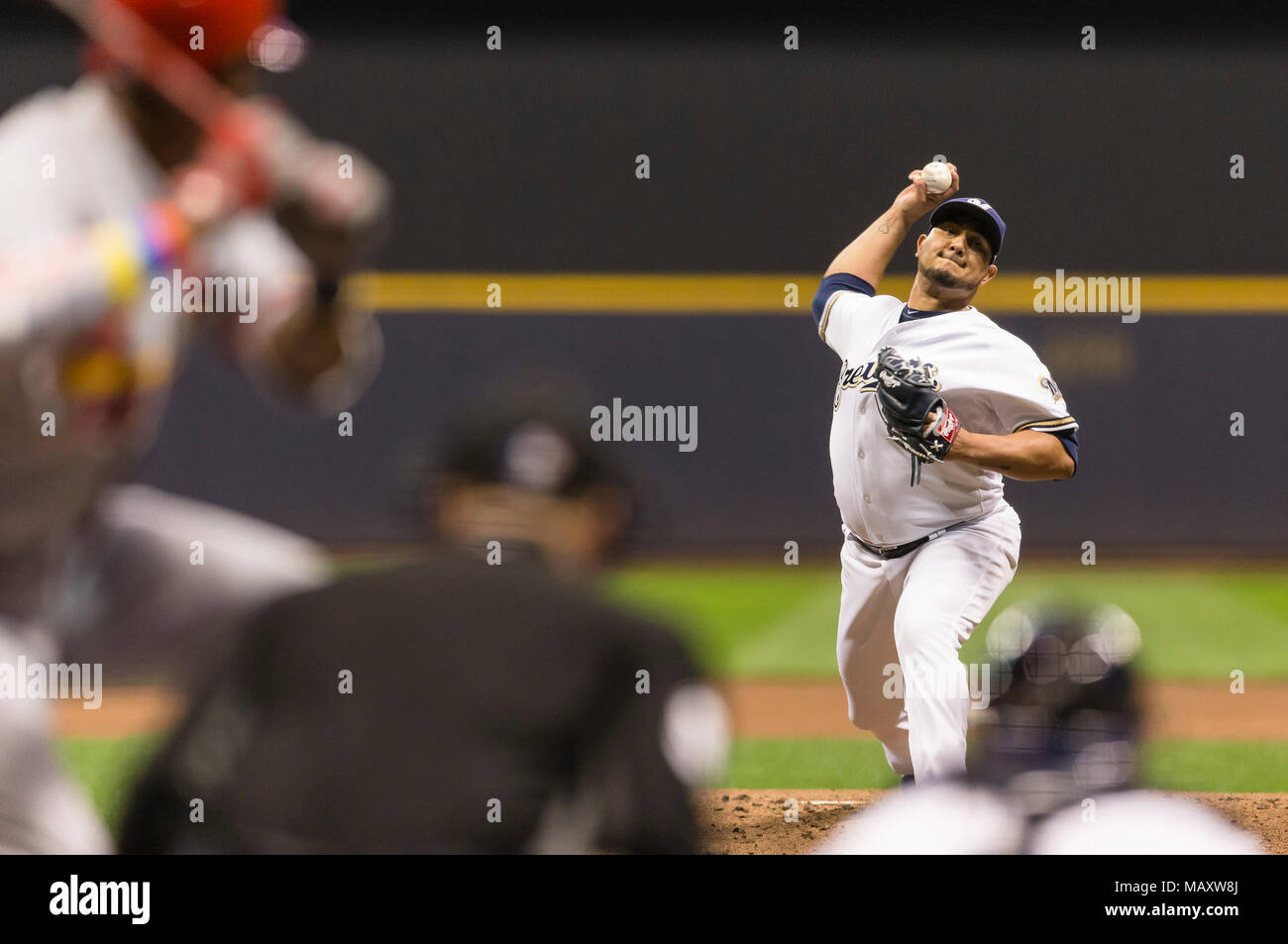 Milwaukee, WI, USA. 4th Apr, 2018. Milwaukee Brewers starting pitcher ...
