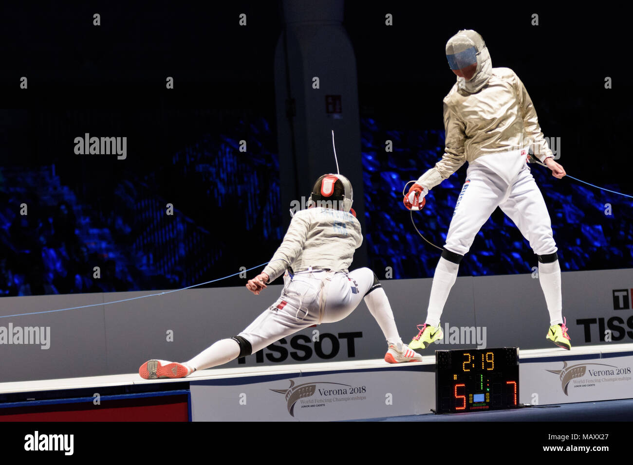 Verona, Italy. 4th April 2018. French fencer Sébastien Patrice (L ...