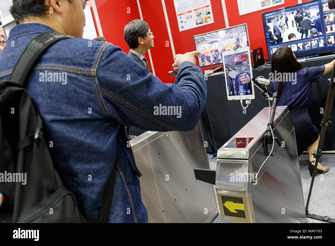 Tokyo, Japan. April 5, 2018. A facial recognition system displays a ...