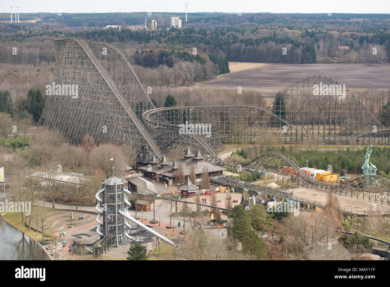 04 April 2018, Germany, Soltau: Overview of Heide Park Resort. The ...