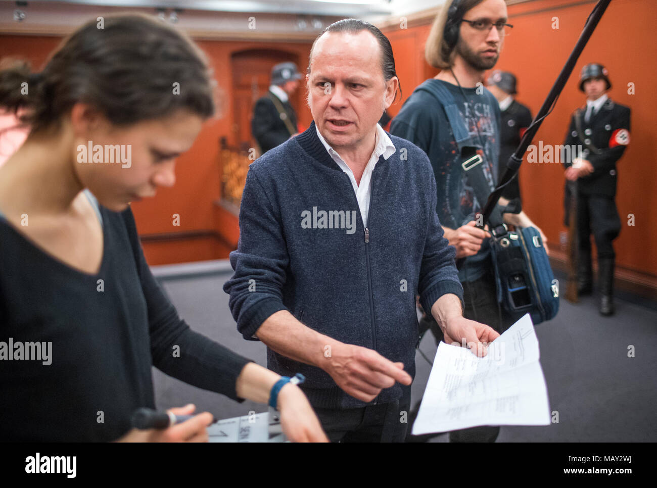 12 March 2018, Germany, Schwerin: Joachim Damm (c), stage designer and ...