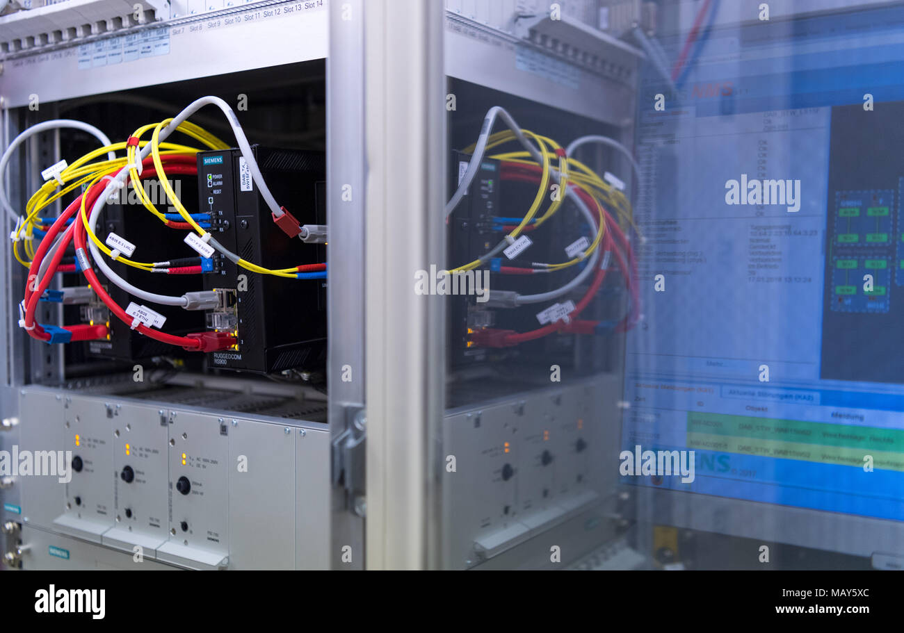 19 March 2018, Germany, Annaberg-Buchholz: Numerous cables plugged in ...