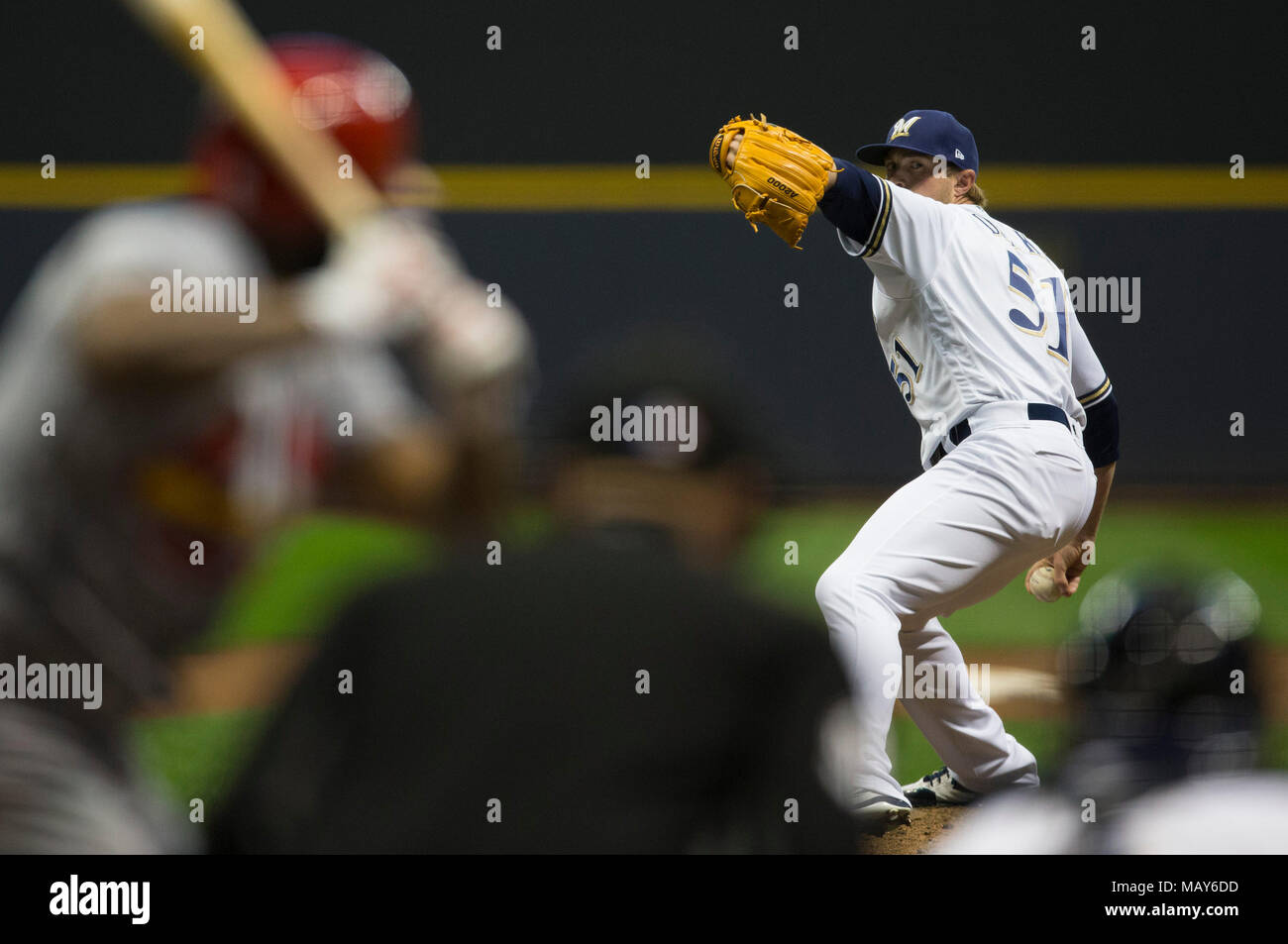 Milwaukee, WI, USA. 4th Apr, 2018. Milwaukee Brewers relief pitcher ...