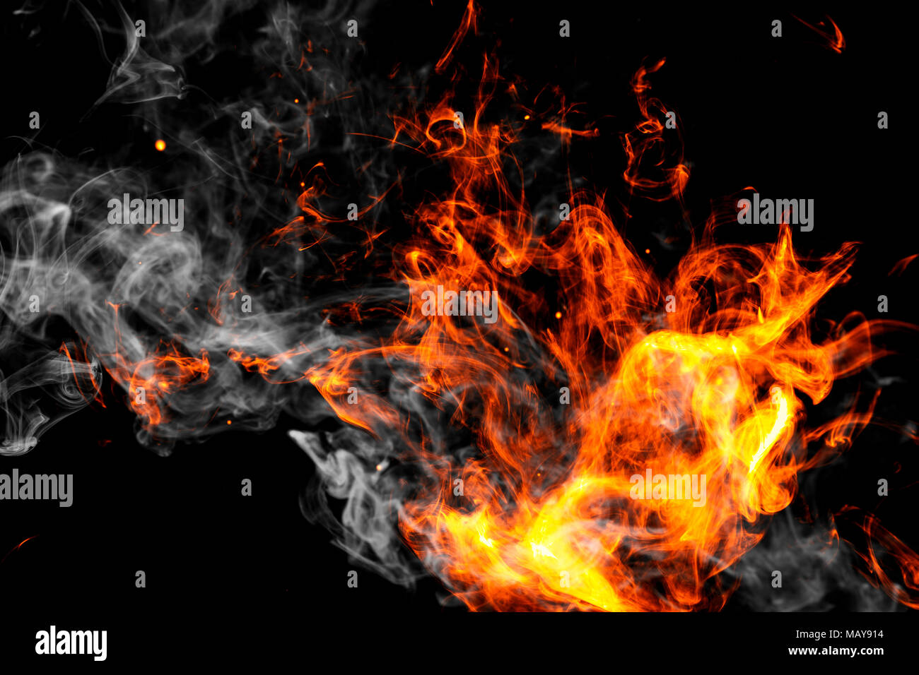 Fire flames background. Dense fiery smoke on a black isolated ...