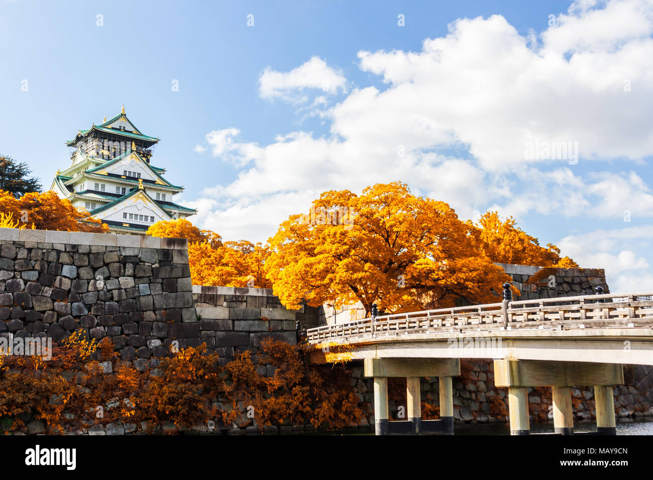 Osaka Castle in Osaka with autumn leaves, Japan, landmark of Unesco ...