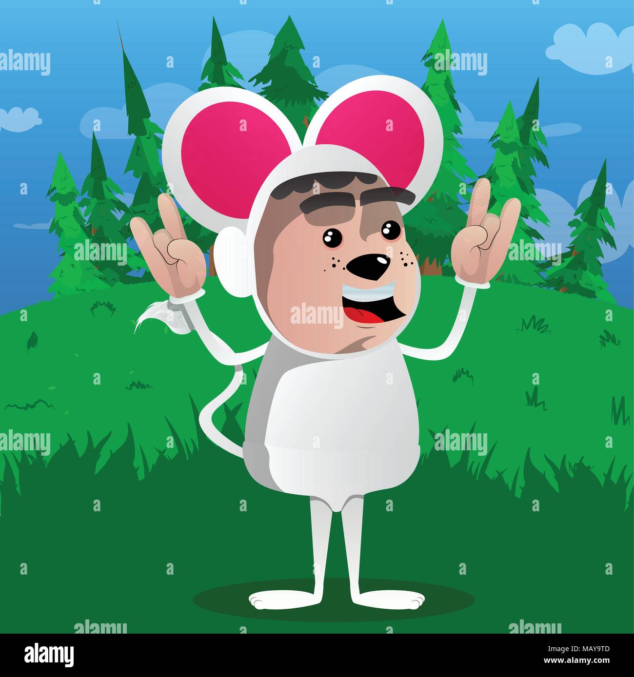 Boy dressed as mouse with hands in rocker pose. Vector cartoon ...