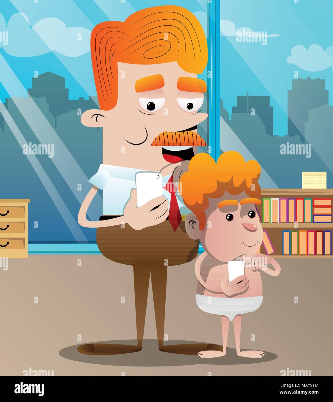 Happy smiling successful businessman and father using a mobile phone ...