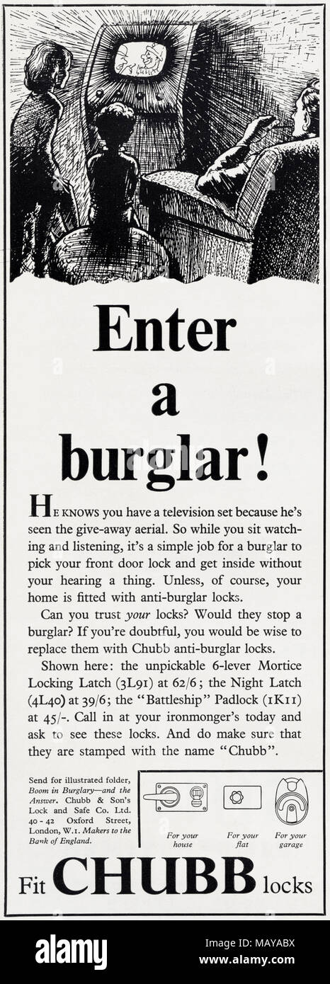 1950s original old vintage advertisement advertising Chubb door locks ...