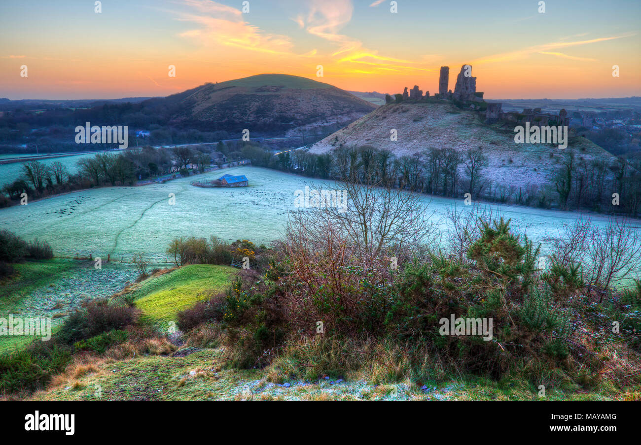 Stunning Winter sunrise landscape over frosty Medieval castle on hill ...