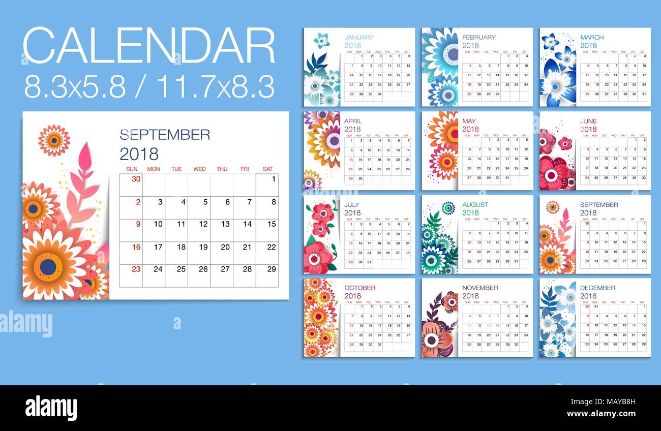 Design Floral Template Calendar 2018. Print Template Calendar with ...
