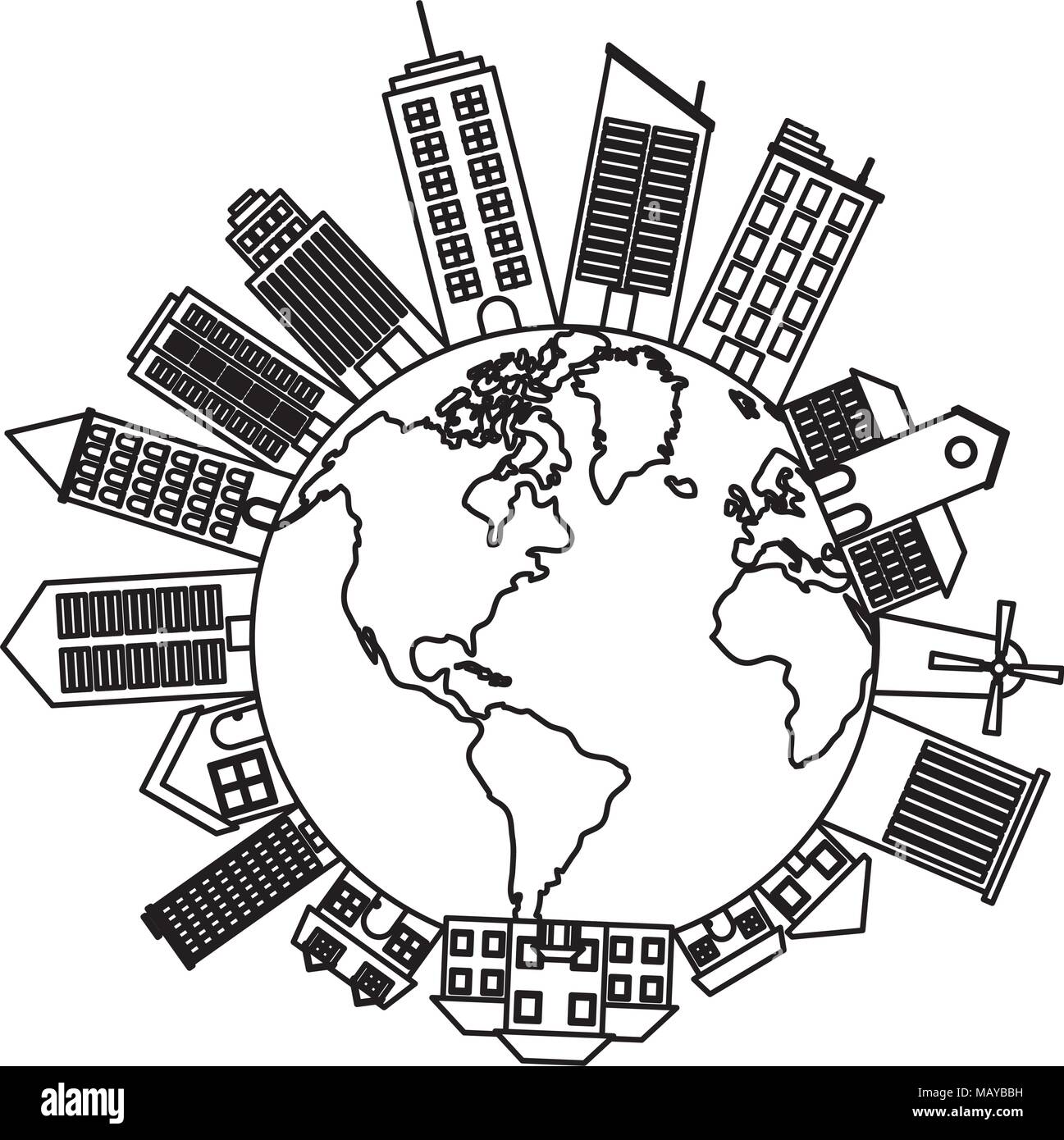 line global planet with architecture buildings and houses Stock Vector ...