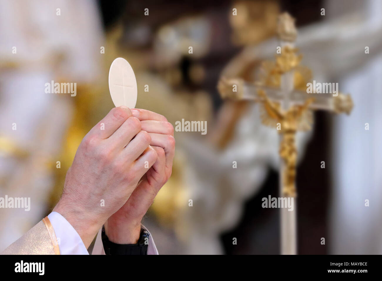 Priest celebrate mass at the church and empty place for text Stock ...