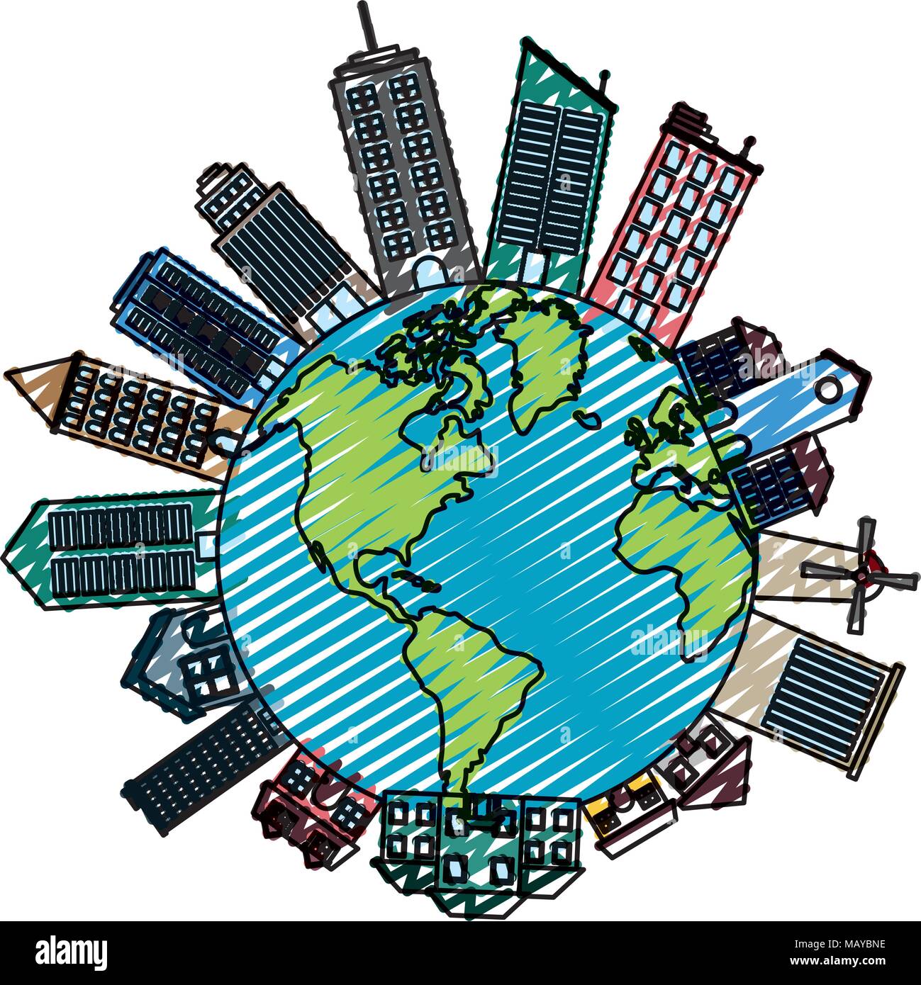 doodle global planet with architecture buildings and houses Stock ...