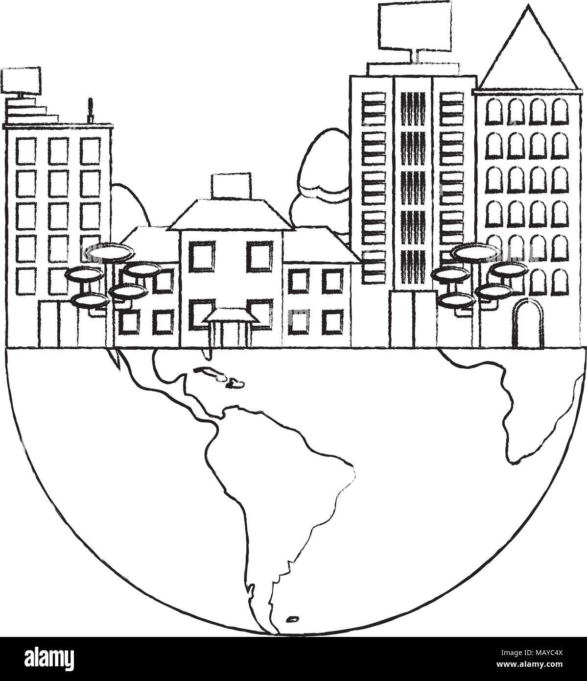 grunge global earth planet with buildings and house Stock Vector Image ...