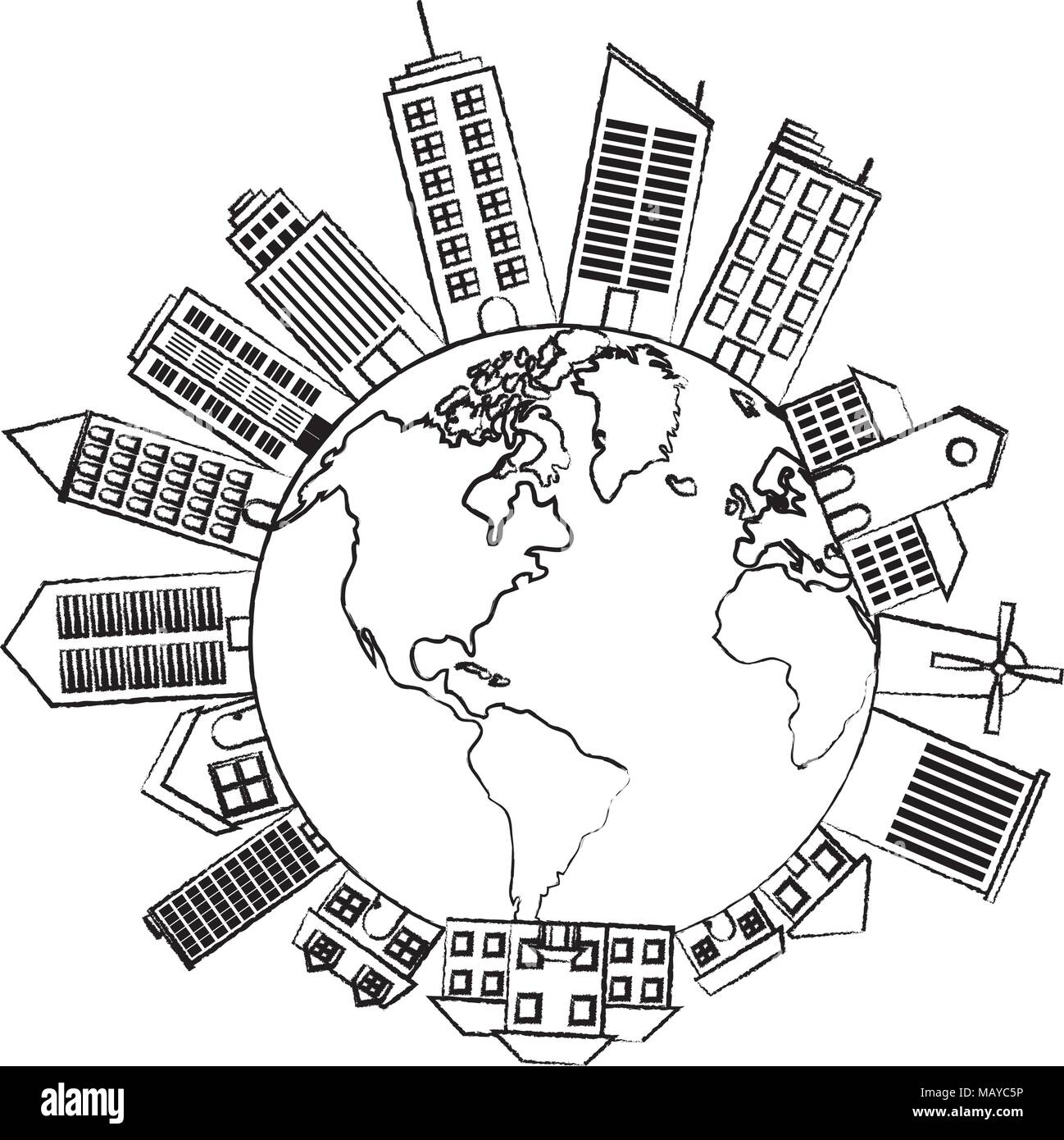grunge global planet with architecture buildings and houses Stock ...