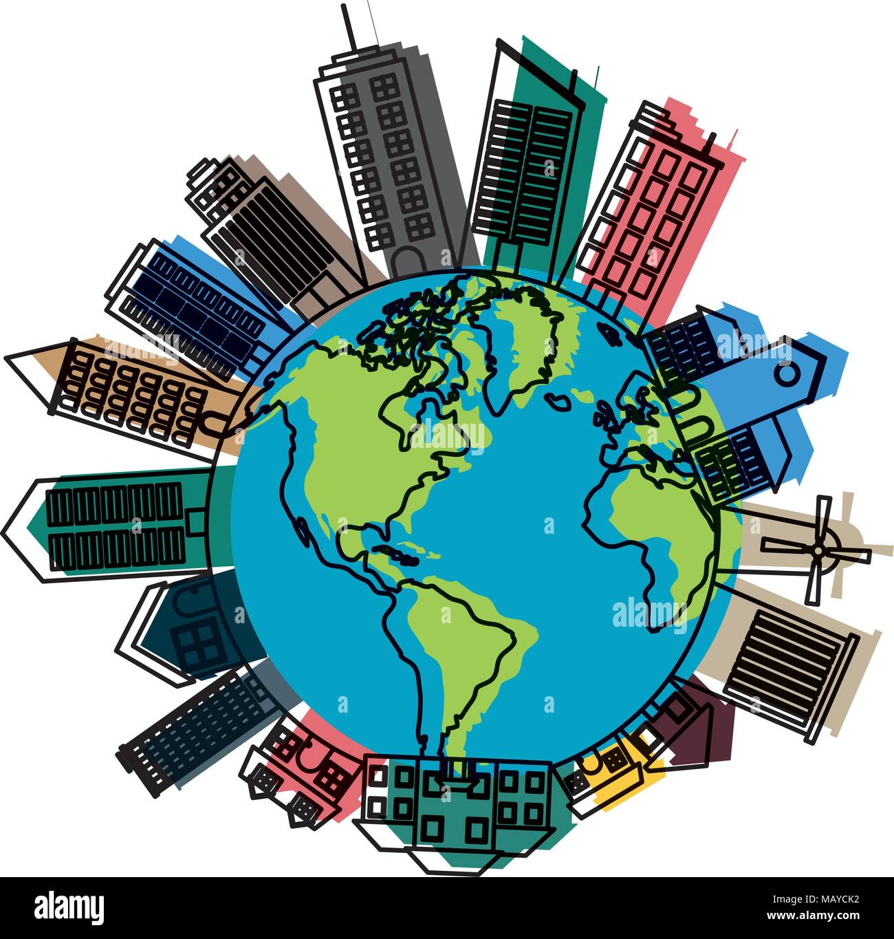 moved color global planet with architecture buildings and houses Stock ...