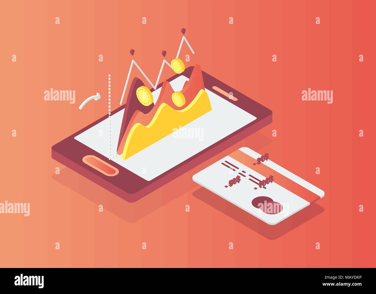 Concept Isometric phone with cash schedule and payment by card on ...