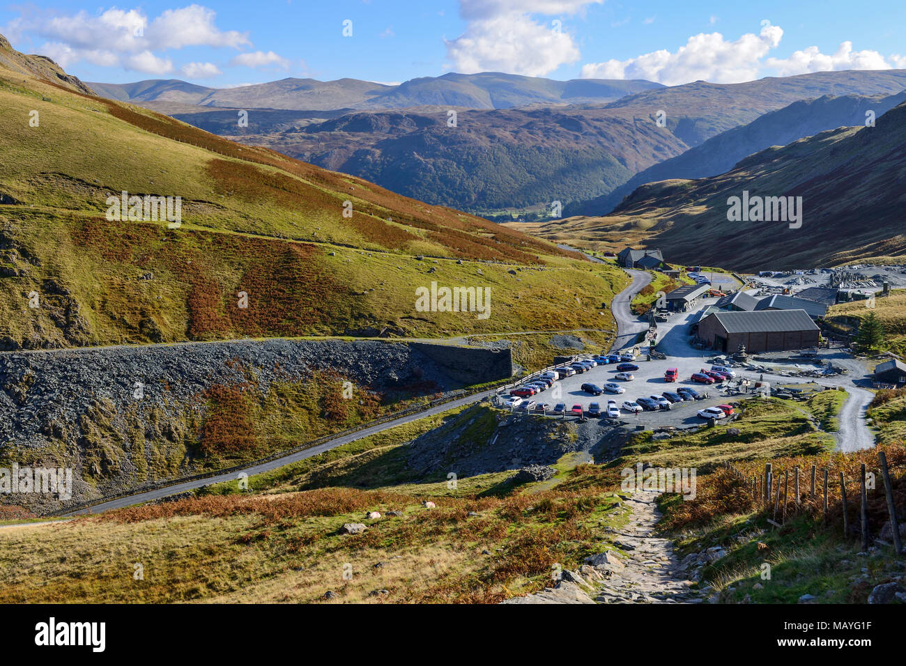 View looking down on Honister Slate Mine in Honister Pass from footpath ...