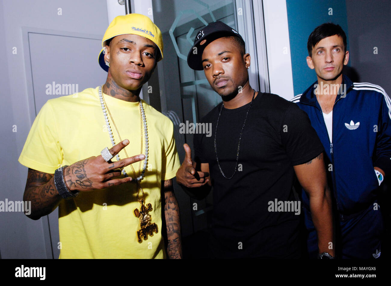 Deandre Way aka Soulja Boy, Ray J and Clinton Sparks at a recording ...