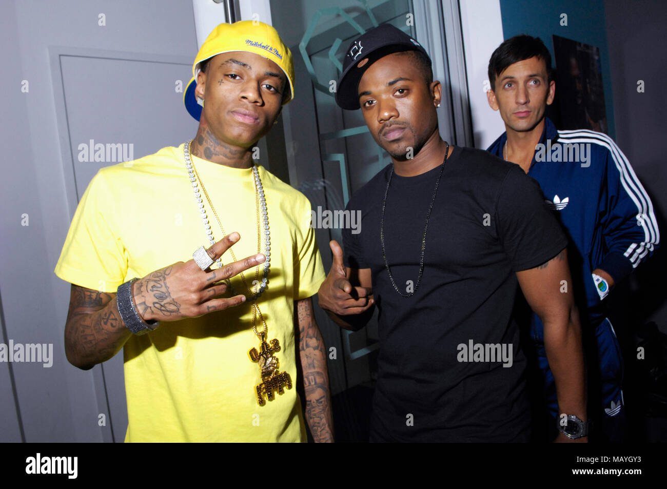 Deandre Way aka Soulja Boy, Ray J and Clinton Sparks at a recording ...