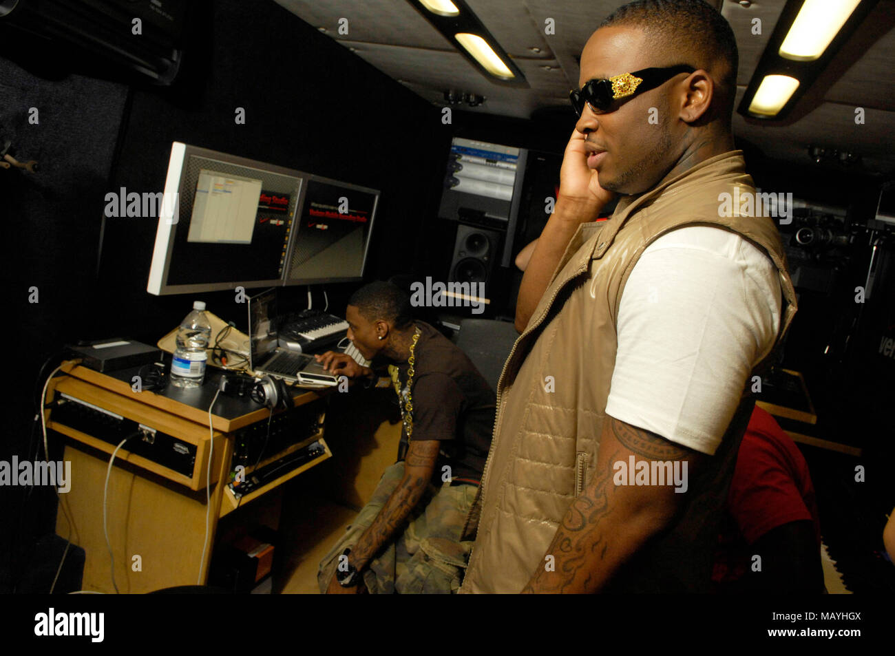 Rapper Deandre Way aka Soulja Boy Tell 'Em and Pleasure P (r) backstage ...