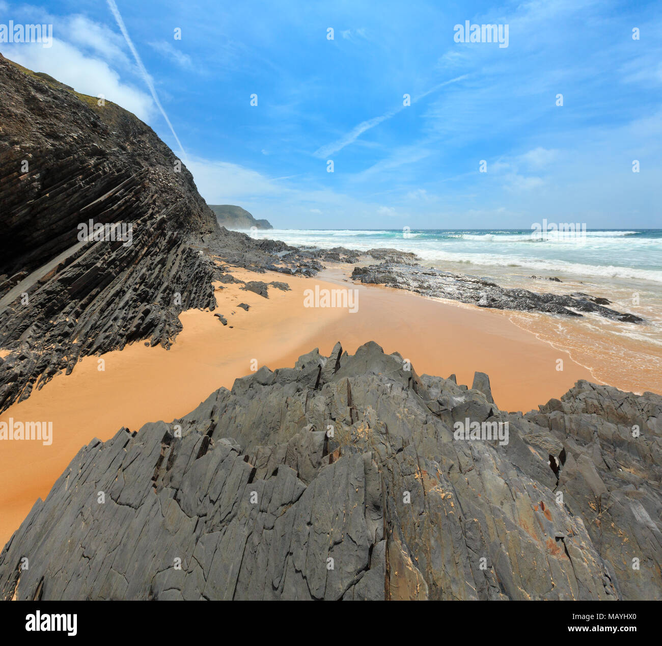 Storm on Castelejo beach with black schist cliffs (Algarve, Portugal ...