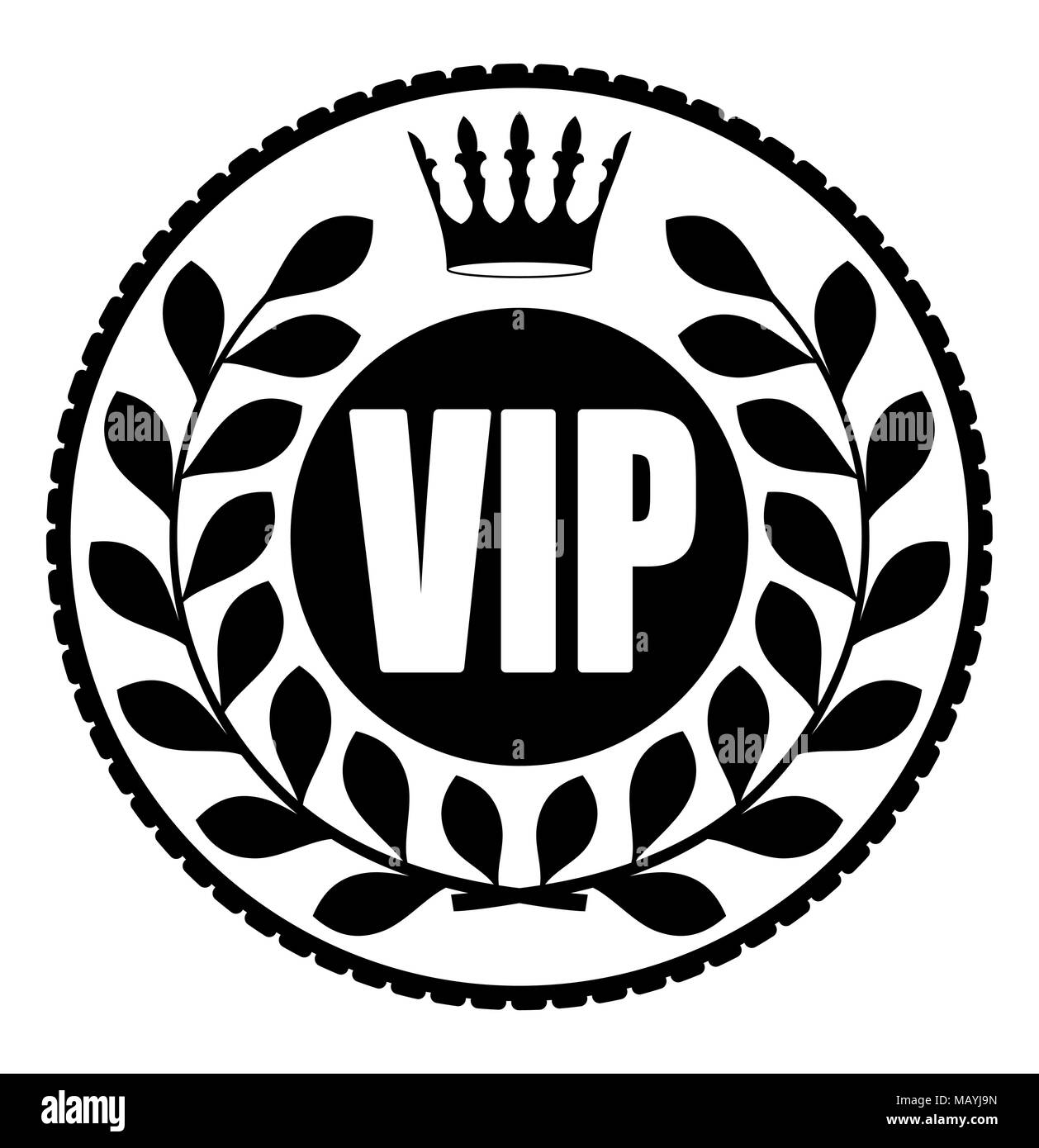 Black round VIP rubber stamp style icon with crown and wreath of laurel ...