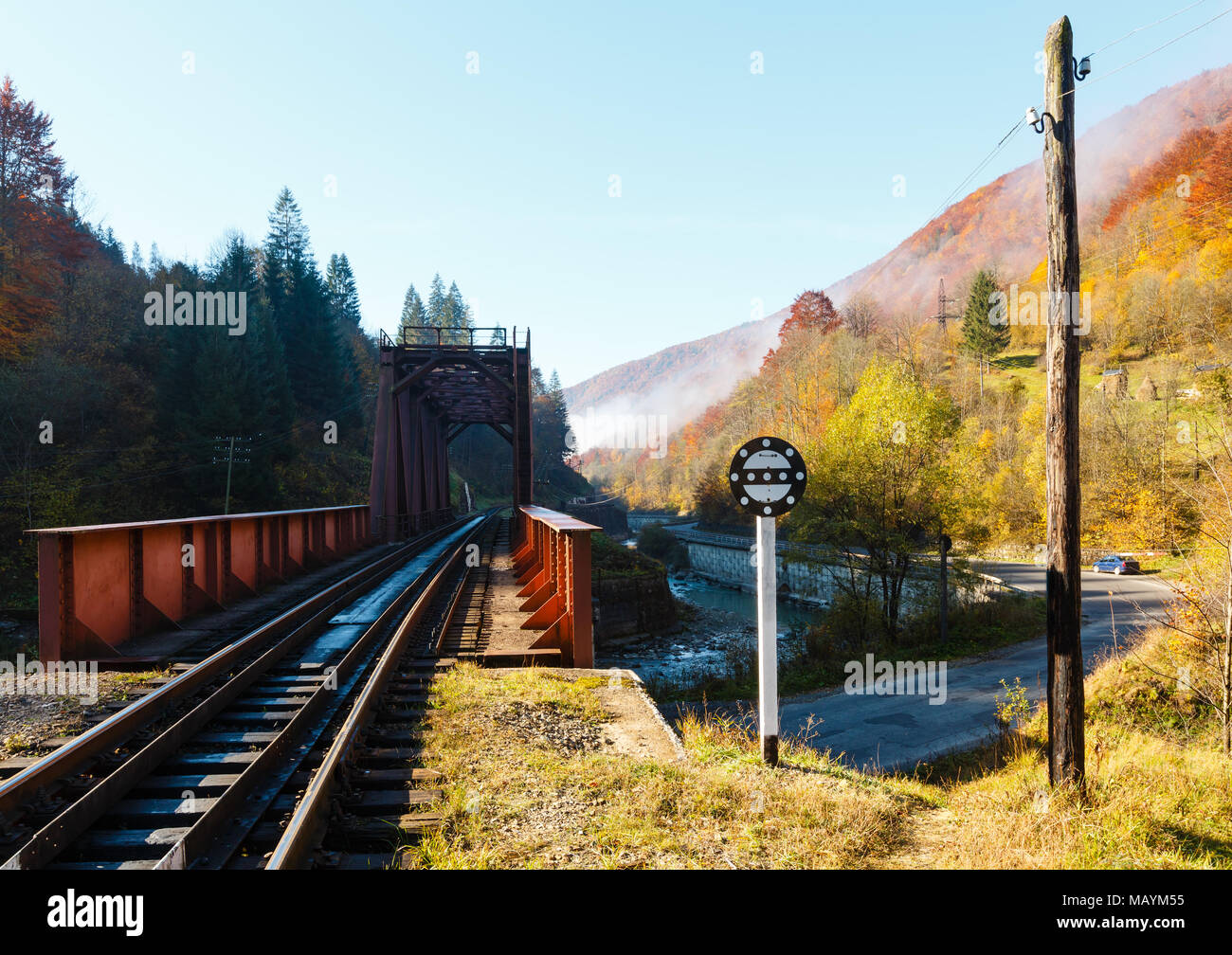 Autumn Carpathian Mountains landscape with railroad bridge, mountain ...
