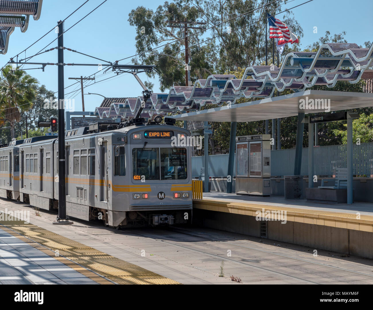 Train pulling into Expo Park station, USC, Los Angeles Stock Photo - Alamy