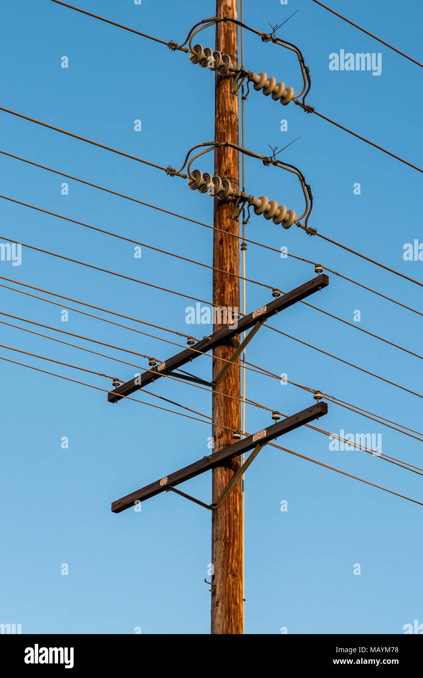 Overhead electric power cables and pole, Los Angeles Stock Photo - Alamy