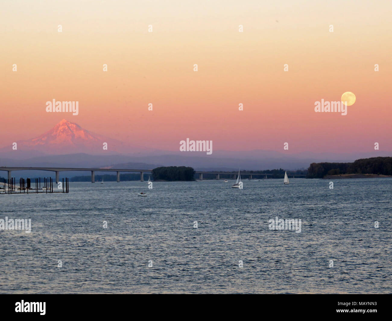 Full Blue Moon Rising over Mt Hood and Columbia River Stock Photo - Alamy