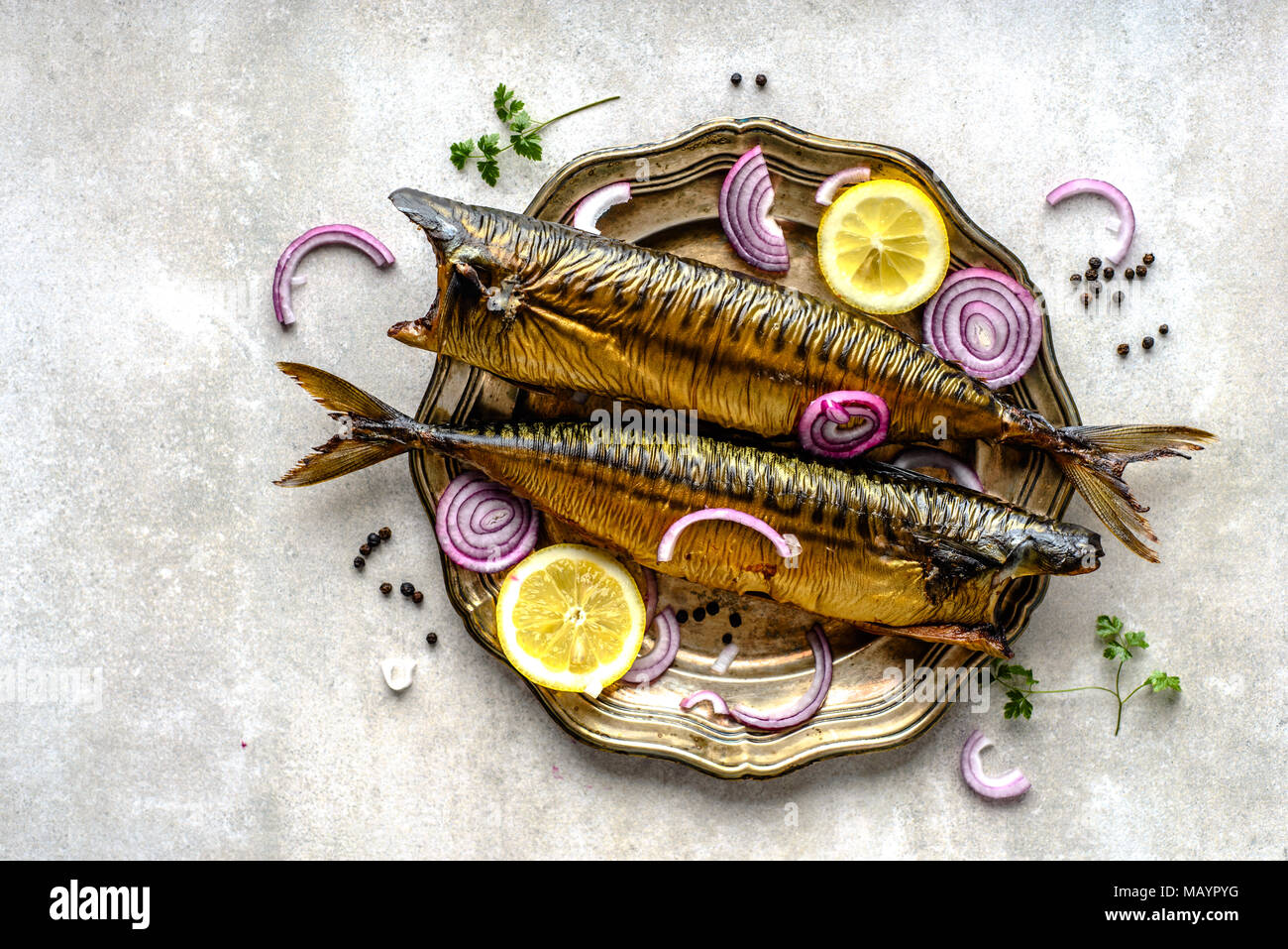 Mackerel, smoked fish with omega 3 fat, bar food on table Stock Photo ...