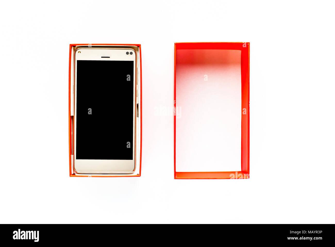 Opened gift box with smartphone, black screen, elegant mobile phone ...