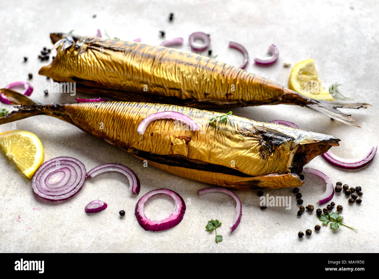 Mackerel, smoked fish with omega 3 fat, bar food on table Stock Photo ...