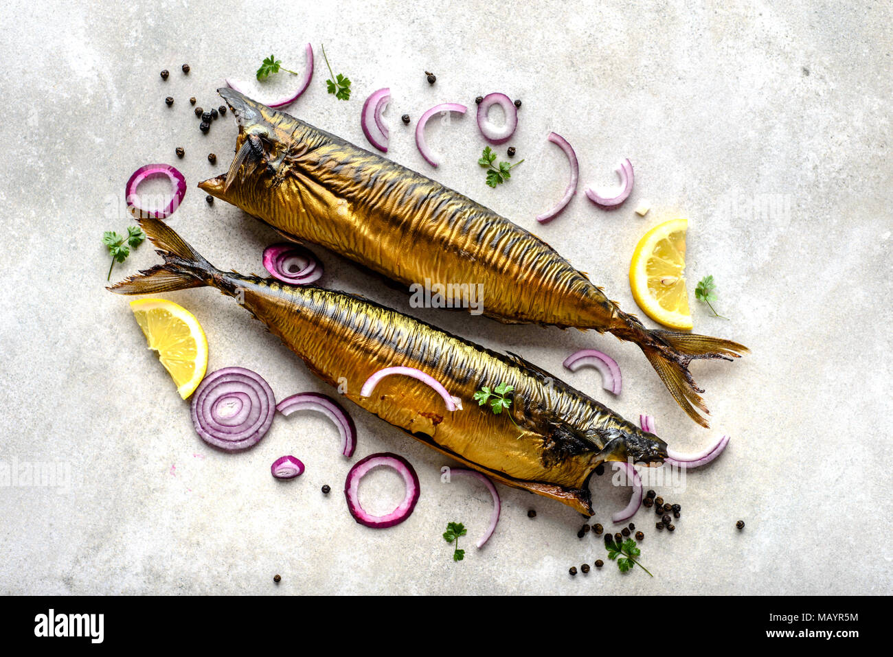 Mackerel, smoked fish with omega 3 fat, bar food on table Stock Photo ...