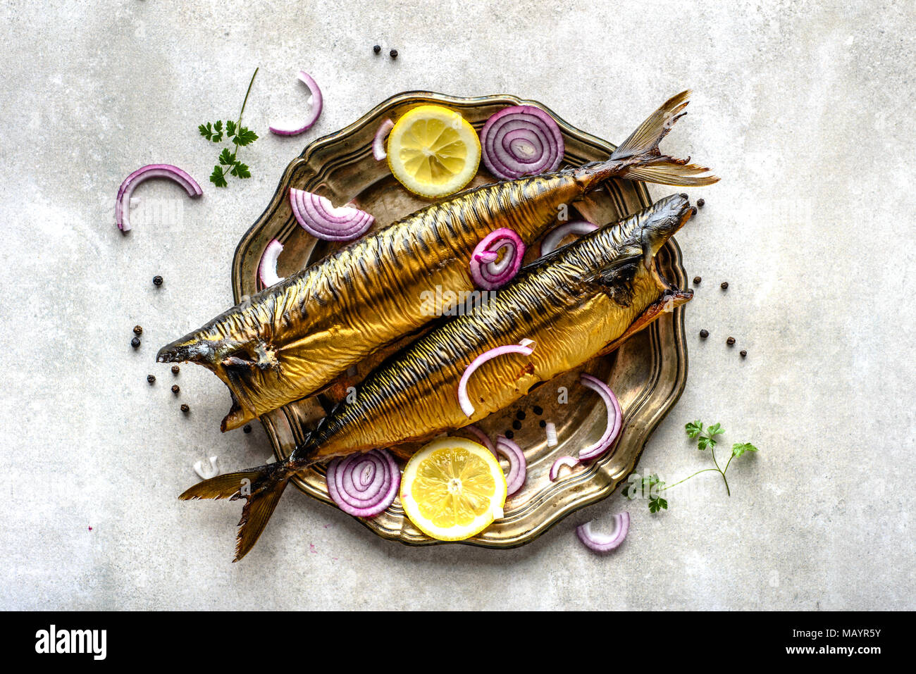 Mackerel, smoked fish with omega 3 fat, bar food on table Stock Photo ...