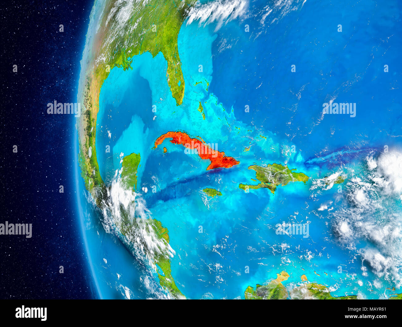 Map of Cuba as seen from space on planet Earth with clouds and ...