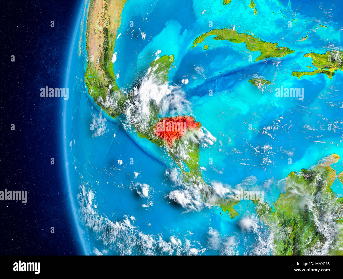 Map of Honduras as seen from space on planet Earth with clouds and ...