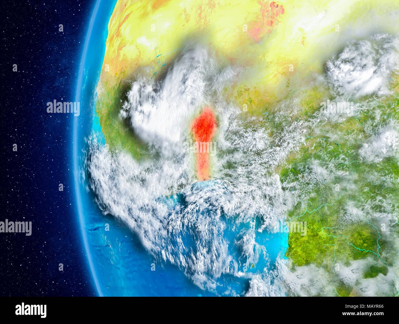 Map of Benin as seen from space on planet Earth with clouds and ...