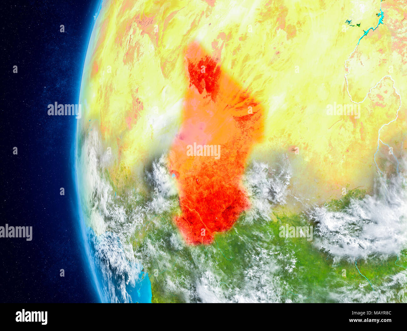 Map of Chad as seen from space on planet Earth with clouds and ...