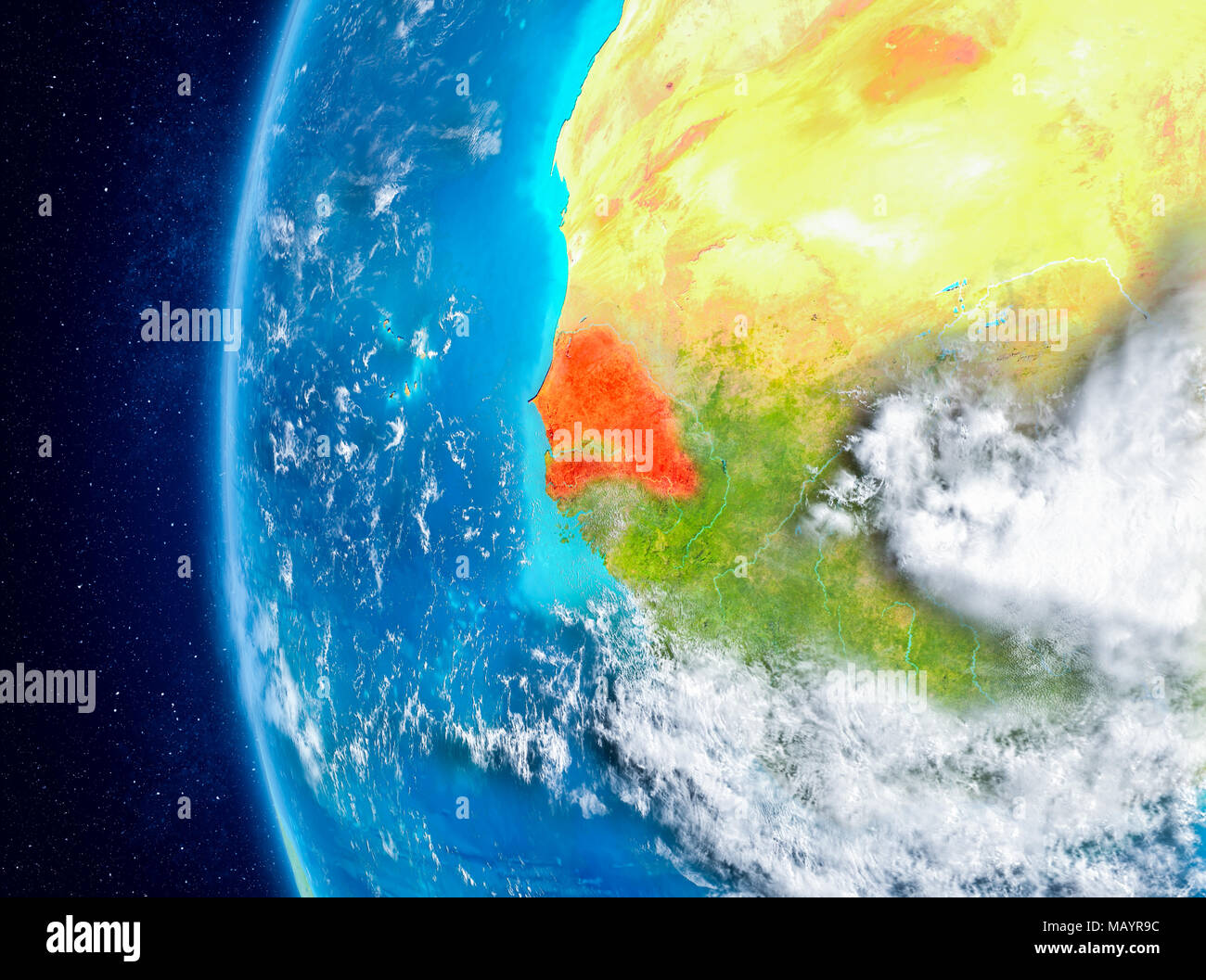 Map of Senegal as seen from space on planet Earth with clouds and ...