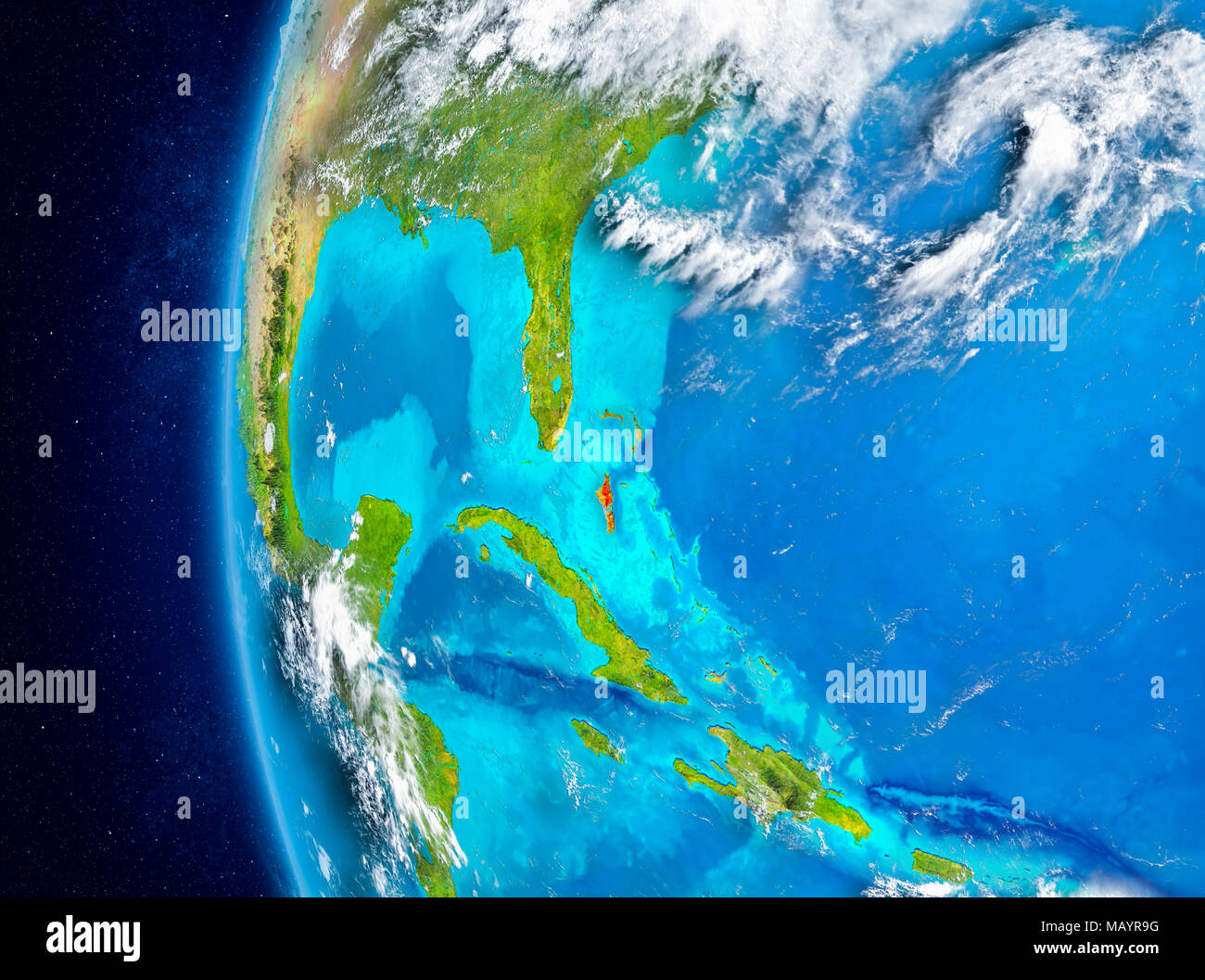 Map of Bahamas as seen from space on planet Earth with clouds and ...