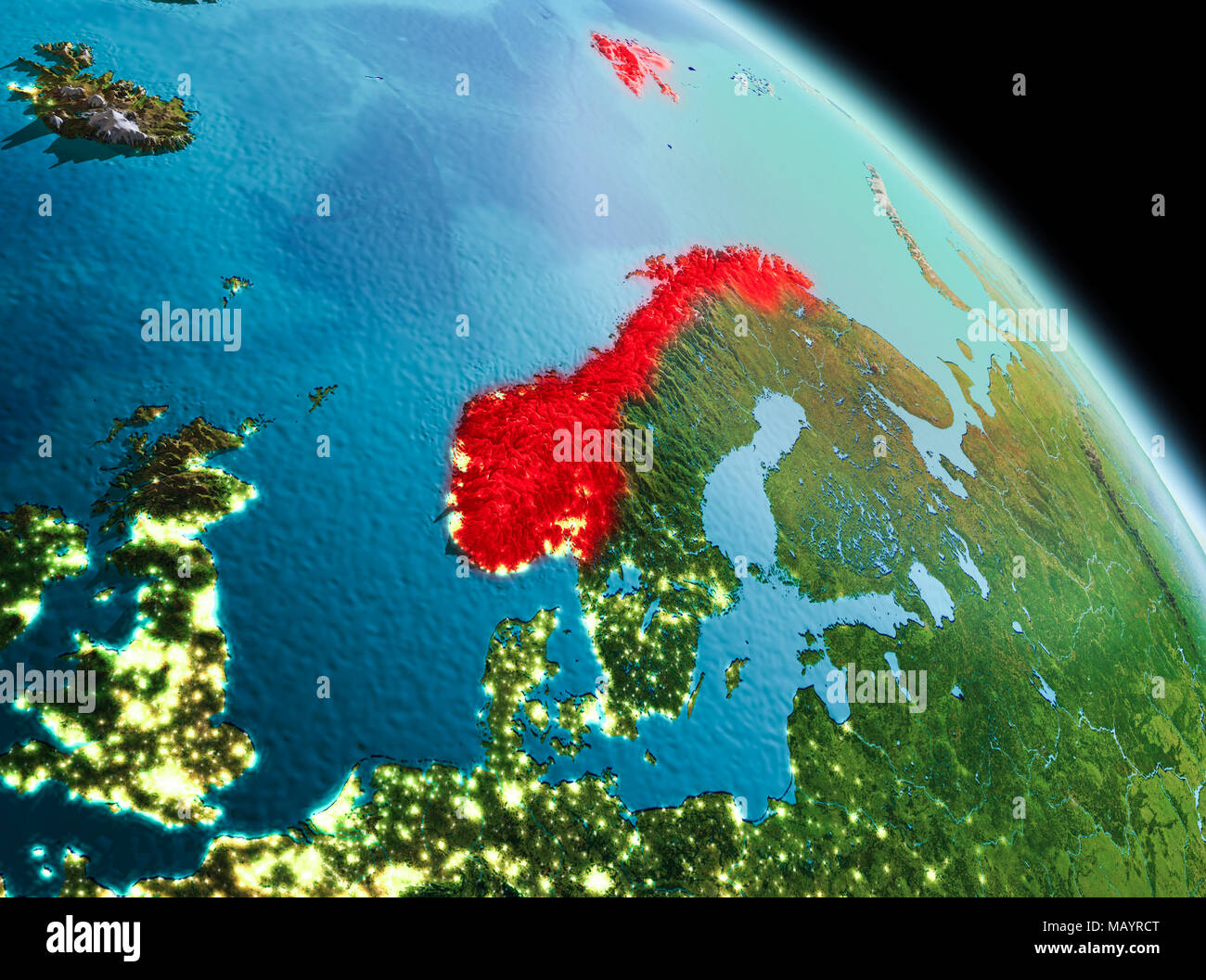 Satellite morning view of Norway highlighted in red on planet Earth. 3D illustration. Elements ...