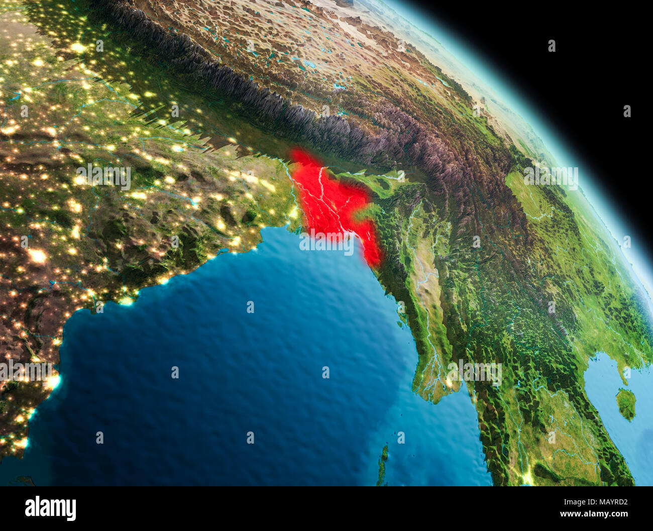 Satellite morning view of Bangladesh highlighted in red on planet Earth. 3D illustration ...