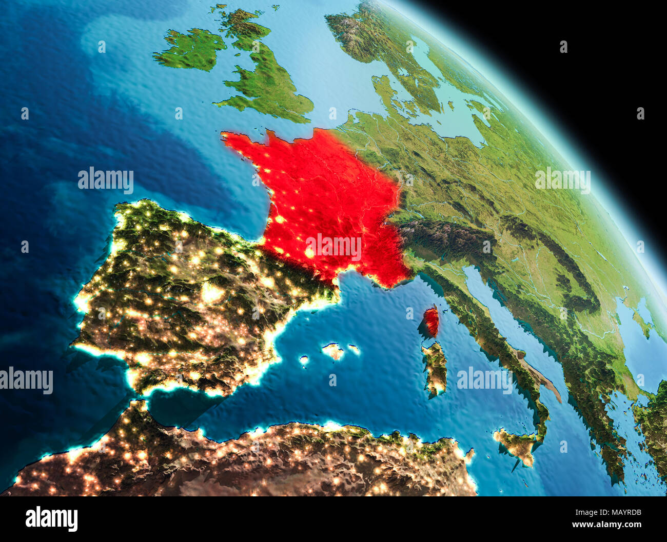 Satellite morning view of France highlighted in red on planet Earth. 3D ...