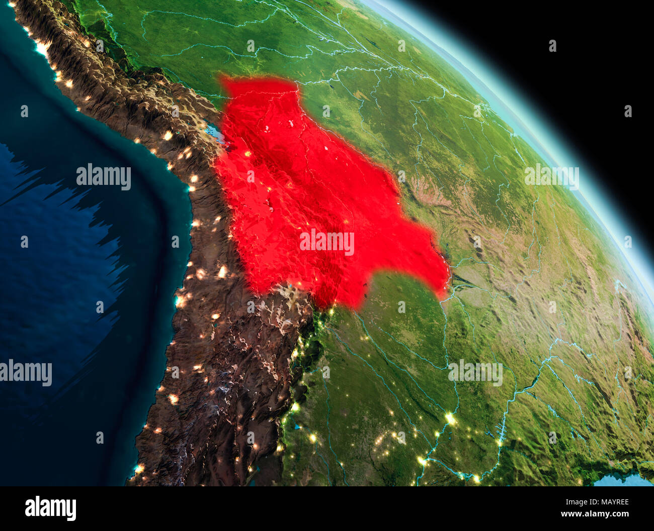 Satellite morning view of Bolivia highlighted in red on planet Earth. 3D illustration. Elements ...