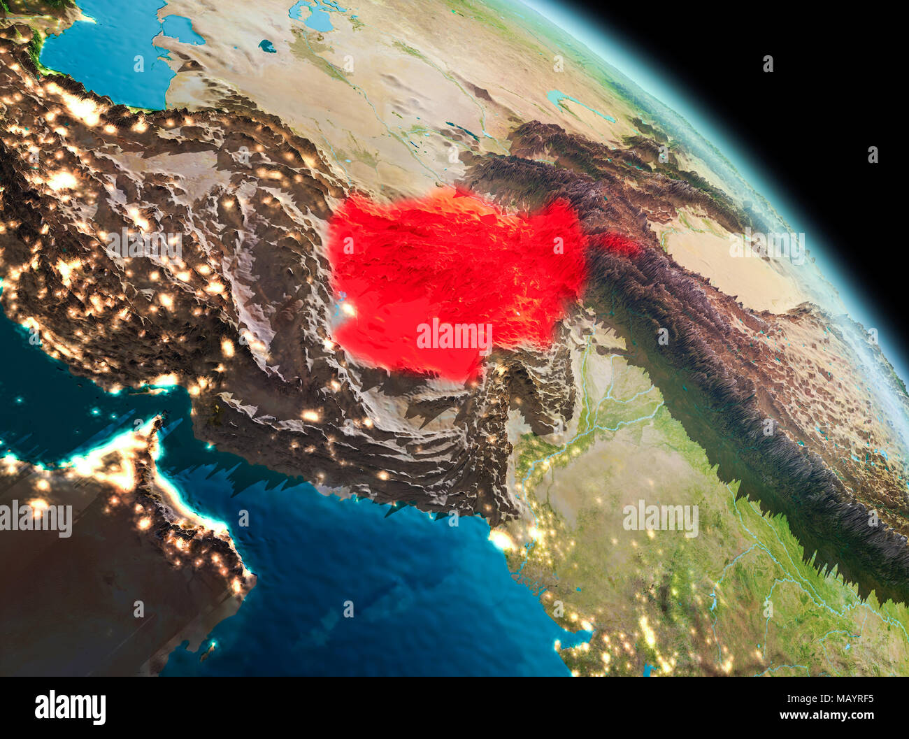 Satellite morning view of Afghanistan highlighted in red on planet Earth. 3D illustration ...