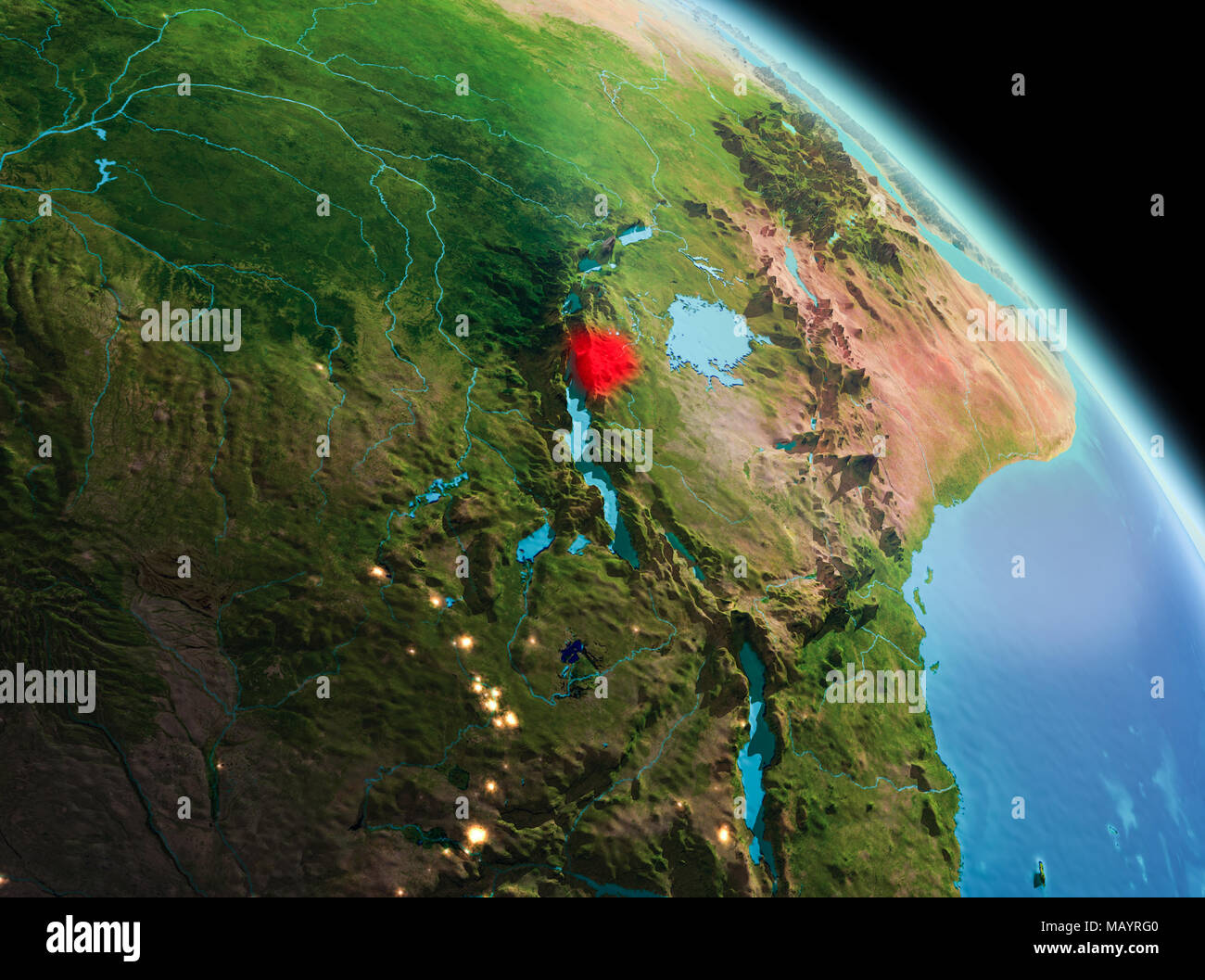 Satellite morning view of Burundi highlighted in red on planet Earth. 3D illustration. Elements ...